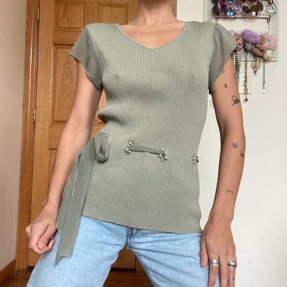 Tops | Vintage Ribbed Knit Sage Green Top With Mesh Sleeve And Tie ...